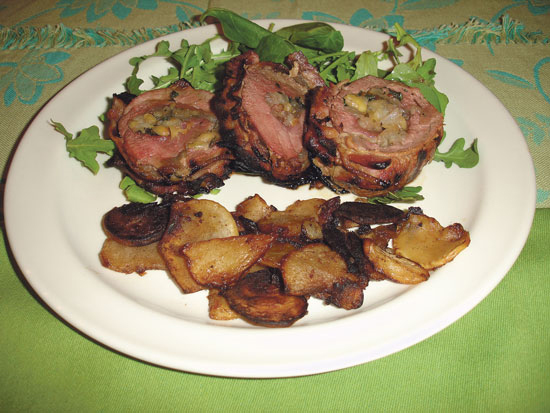 Bacon-wrapped, Pear-pine nut stuffed Duck Breast with Caramelized ...